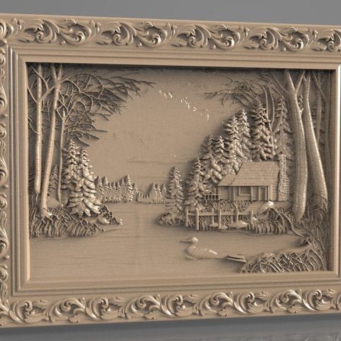 Download free STL lake with duck in front of a cabin cnc ・ Cults