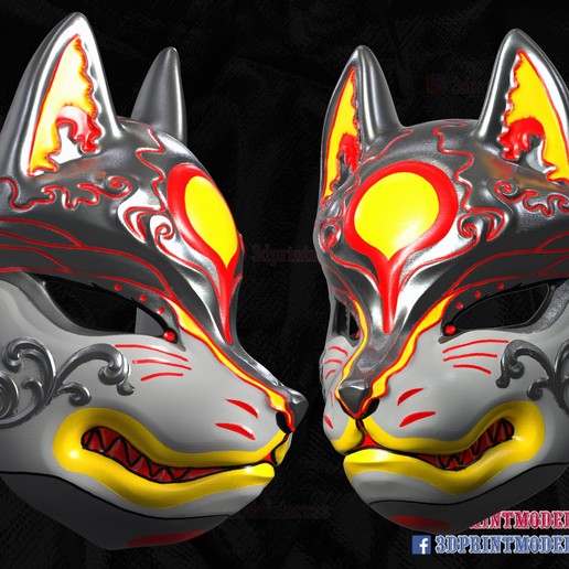 Download STL files Japanese Fox Mask Demon Kitsune Cosplay Mask, Helmet ...