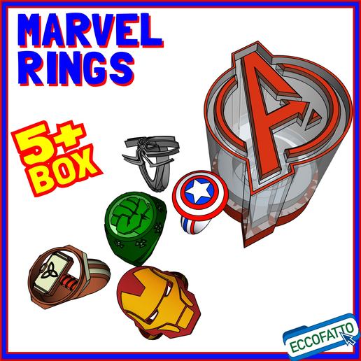 Download STL file MARVEL RINGS + Avengers BOX - Set of 5 rings • 3D ...