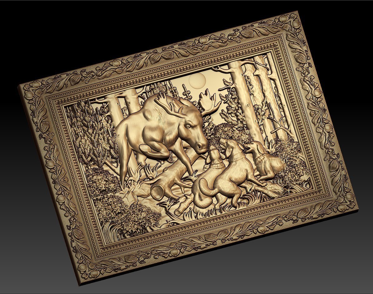 Free STL file Moose attacking 3 digs hunting scene nature cnc art frame ...