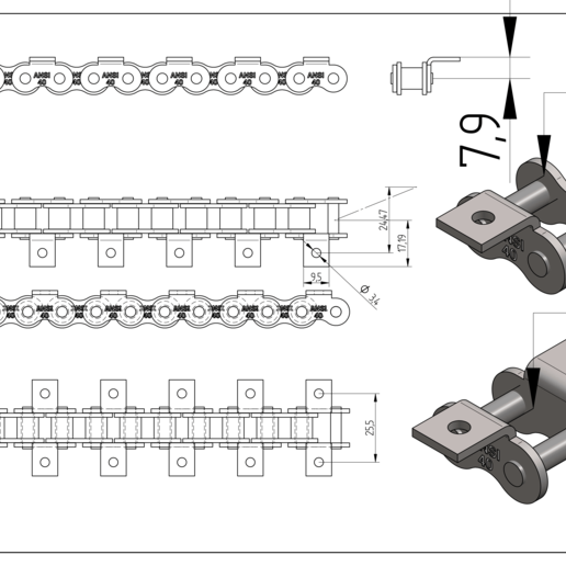 Download STL file ROLLER CHAIN ANSI 40 WITH ATTACHMENT A1 AND K1 ...