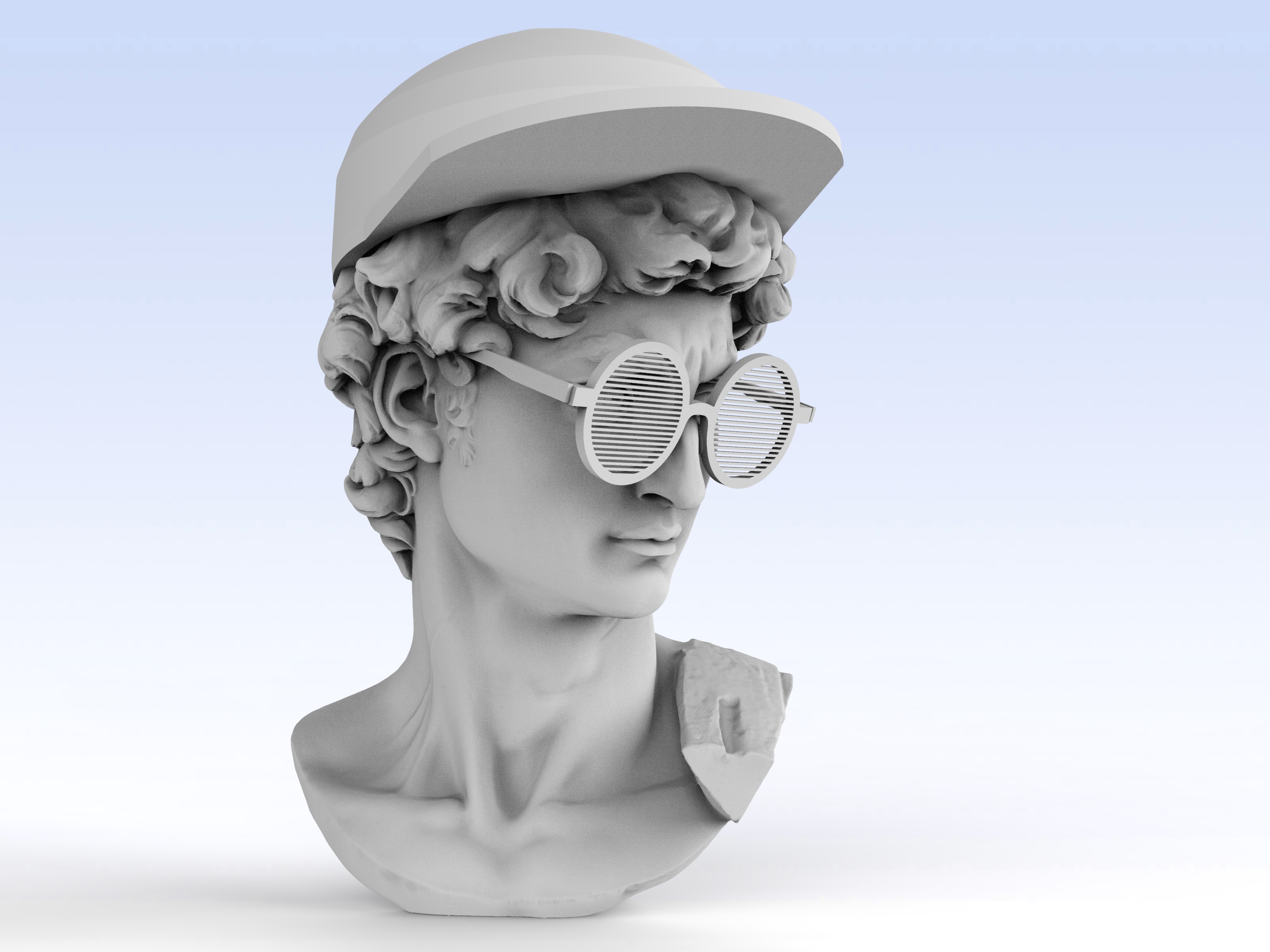 Free STL file Head of Michelangelo's David in glasses and a cap ...